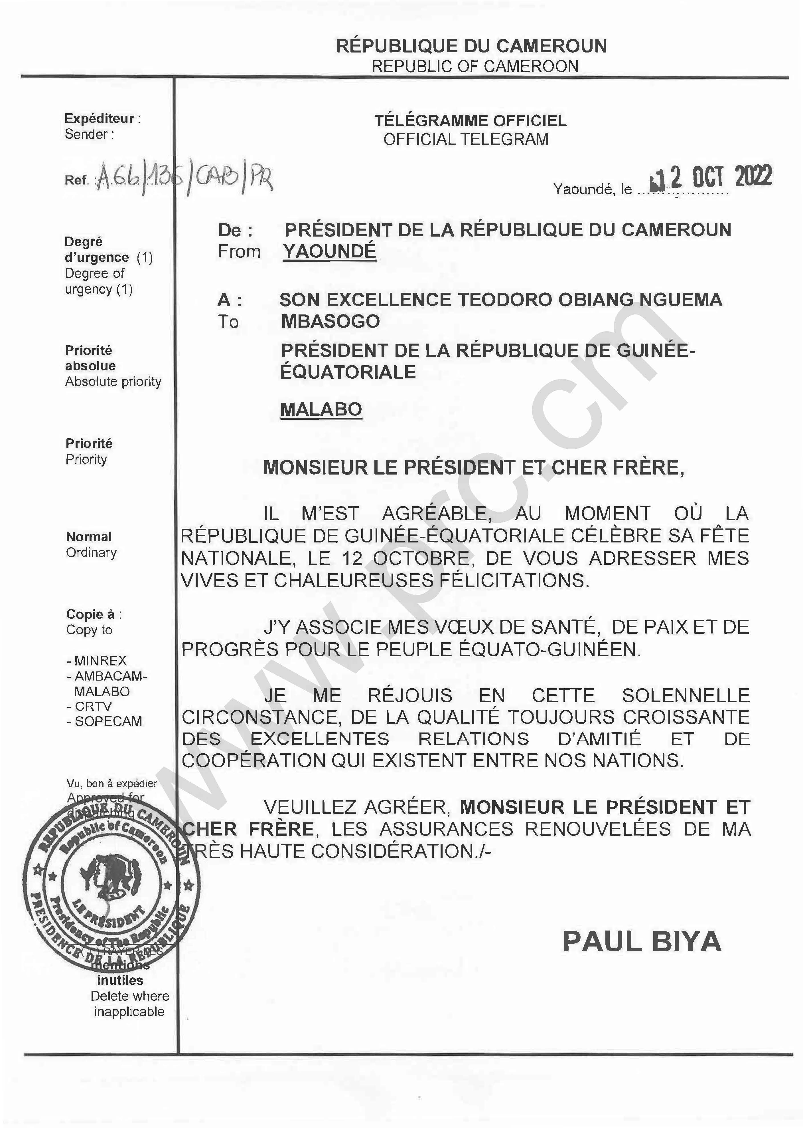 Message de félicitations du Chef de l’Etat à S.E. Teodoro Obiang Nguema Mbasogo, à l'occasion de ...